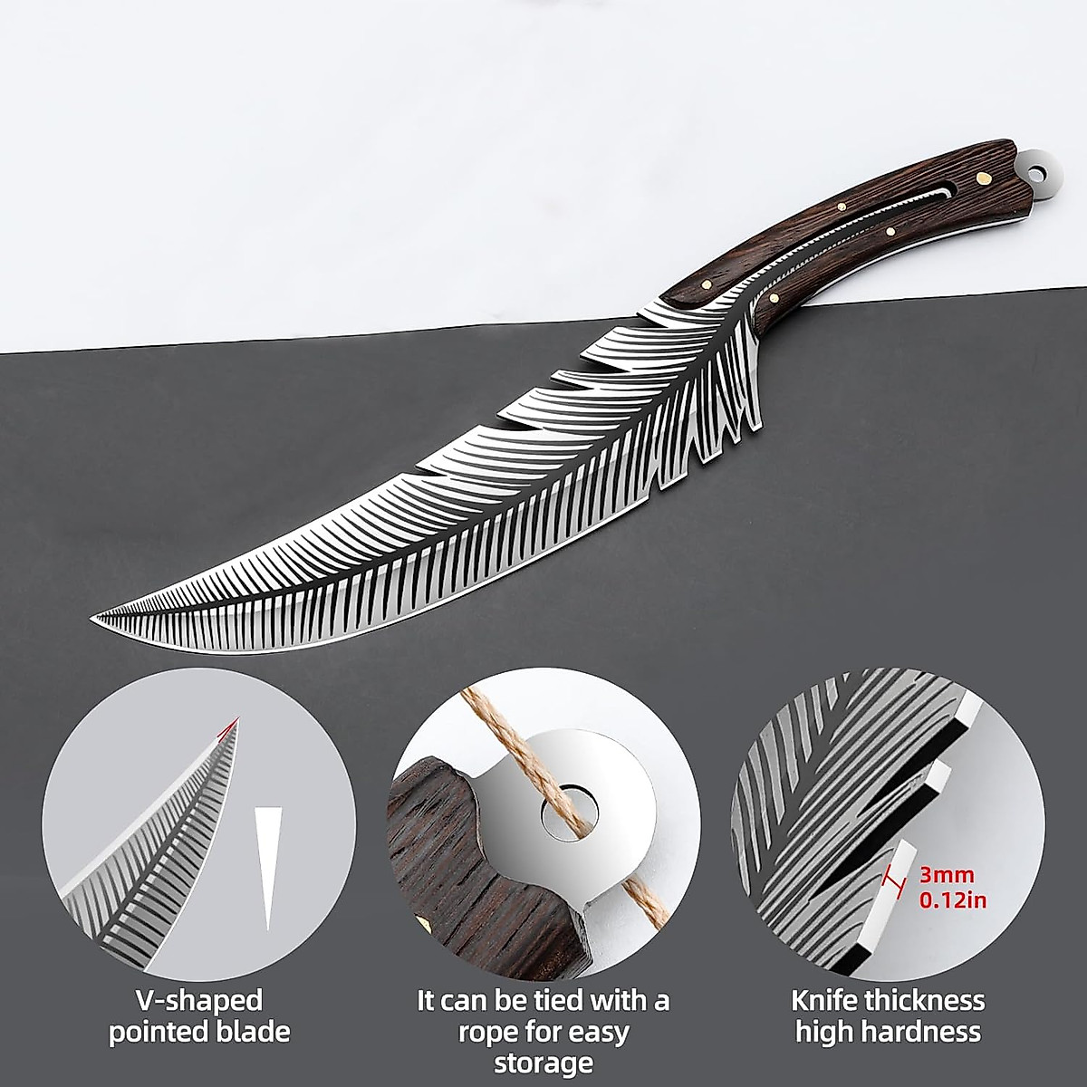 AIRROAD Feather Carving Knife,8 inch Boning Butcher Knife for Meat Cutting, Hand Forged High Carbon Steel Viking Fillet Knife for Brisket Outdoor Camping BBQ Cooking Knife with Sheath Gift for Dad