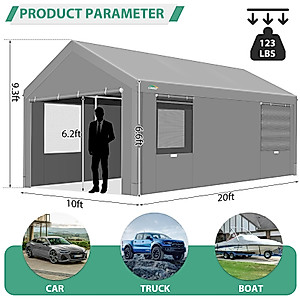 COBIZI Carport 10'x20' Heavy Duty Portable Garage, Upgraded Car Canopy with Removable Sidewalls, Ventilated Windows & Built-in Sandbags, Waterproof All-Season Tarp, Car Tent for Truck, Boat, Gray