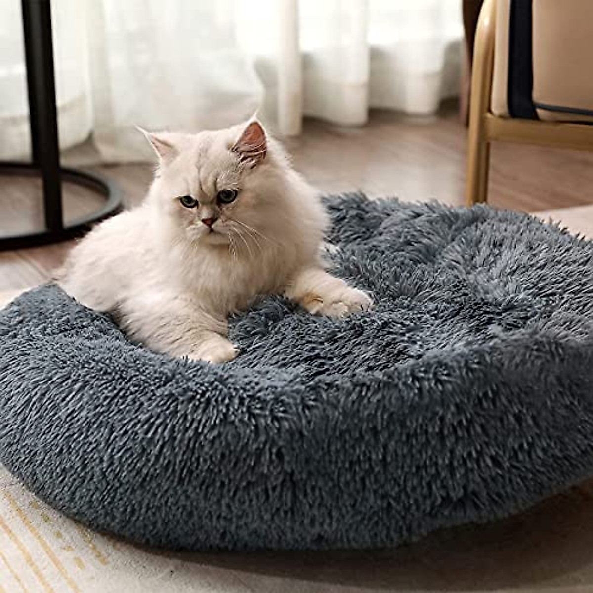 Luciphia Round Dog Cat Bed Donut Cuddler, Faux Fur Plush Pet Cushion for Large Medium Small Dogs, Self-Warming and Cozy for Improved Sleep Dark Grey, Medium(23"x23")