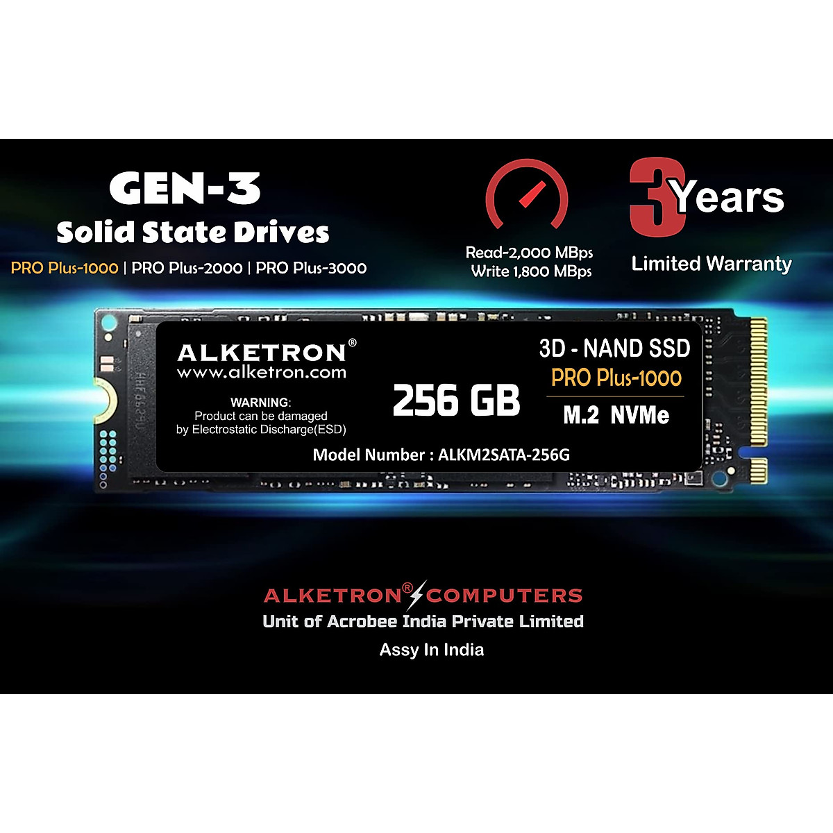 ALKETRON Pro Plus 1000 | 128GB | 256GB - M.2 - SSD - PCIe NVMe | Internal Solid State Drive for Standard & Gaming Laptops/Desktops (256 GB)