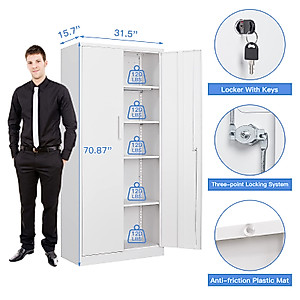 Yizosh Metal Garage Storage Cabinet with 2 Doors and 5 Adjustable Shelves - 71" Steel Lockable File Cabinet,Locking Tool Cabinets for Office,Home,Garage,Gym,School (White)