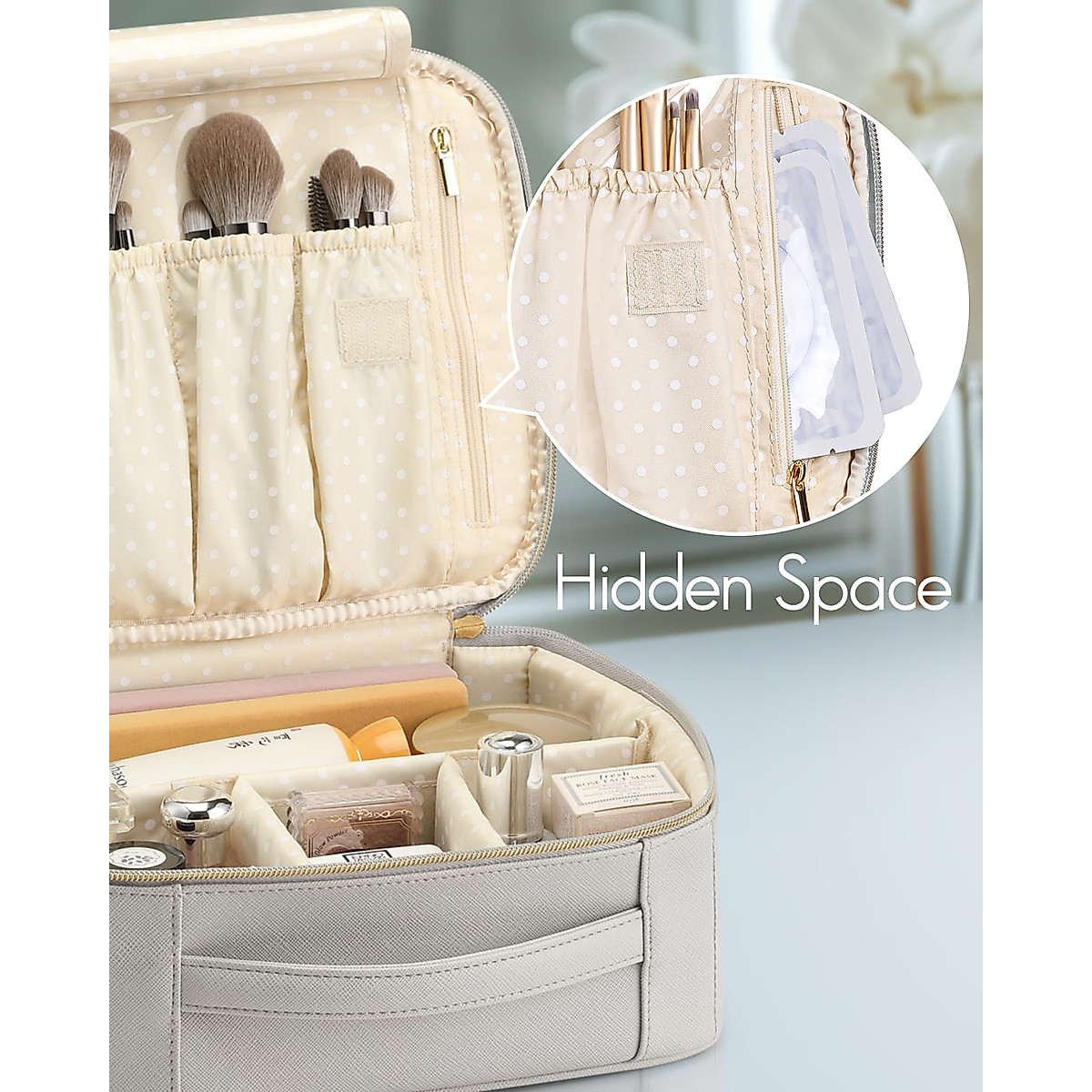 Vlando Travel Makeup Cosmetic Case Organizer Portable Storage Bag with Adjustable Dividers for Cosmetics Makeup brushes, girls, women, friends.（gray）