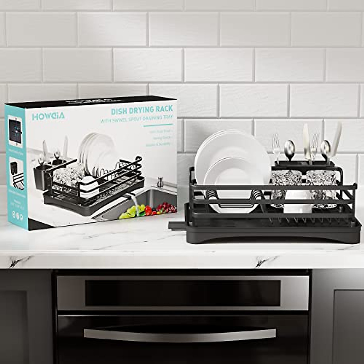 HOWDIA Dish Drying Rack, Aluminum Rust Proof Dish Rack with Swivel Spout Drying Tray, Removable Cutlery Holder for Kitchen Counter