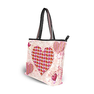QMXO Pink Hearts Valentine's Day Handbags and Purse for Women Tote Bag Large Capacity Top Handle Shopper Shoulder Bag
