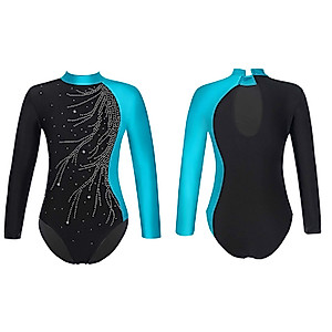 winying Girls Kids Sparkly Rhinestones Gymnastic Leotard Long Sleeve Ballet Dance Athletic Workout Bodysuit Unitard Blue 14 Years