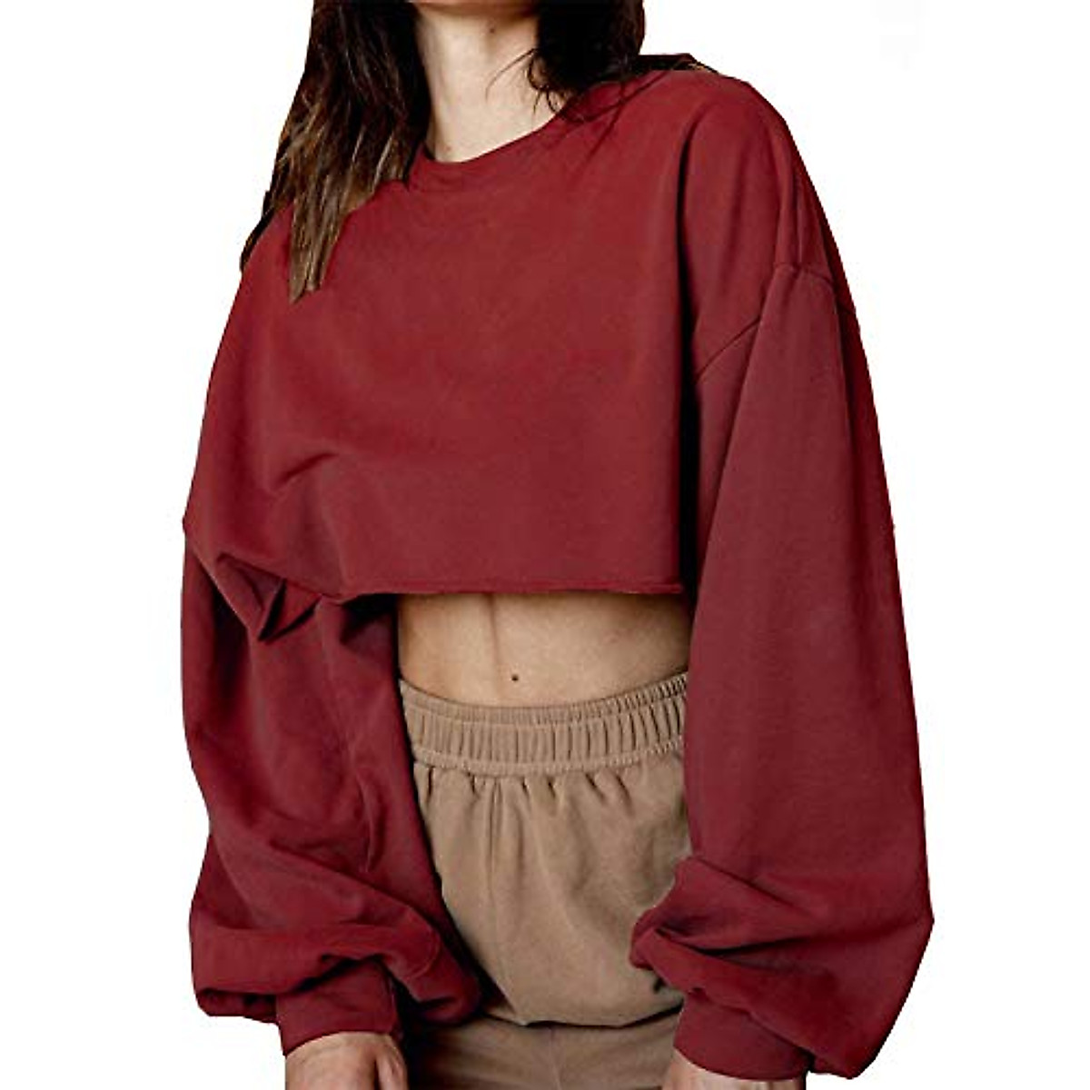 Artfish Women's Crewneck Long Sleeve Crop Tops Workout Casual Pullover Loose Sweatshirts Maroon Burgundy Christmas Red M