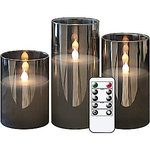 GenSwin Gray Glass Flameless Led Candles Battery Operated with Timer and 10-Key Remote, Real Wax Warm Light Candles Flickering for Wedding Festival Home Decoration (Set of 3)