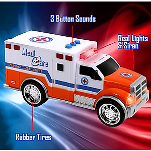 Liberty Imports 3-in-1 True Hero Emergency Rescue Vehicles Kids Toy Cars Playset - Ambulance, Fire Truck and Police Car with 3-Button LED Light and Sound Effects