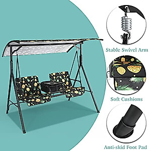 OKL 2-Seat Outdoor Patio Swing Chair, Canopy with Cooler Removable Cushion and Weather Resistant Steel Frame, Hanging Porch for Patio, Garden, Poolside, Balcony, Backyard, Bench, Pineapple