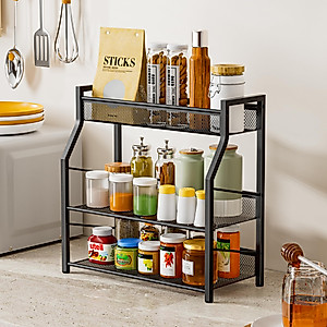 Dunatou 3 Tier Spice Rack, Kitchen Storage Organizer Shelf for Countertop, Metal Seasoning Storage Shelf with Guardrail and Mesh Design for Kitchen, Countertop, Dining Room, Black
