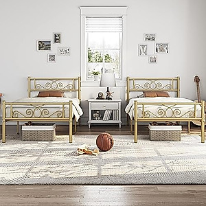 Yaheetech Twin Bed Frames Metal Platform Bed with Headboard and Footboard No Box Spring Needed Easy Assembly,Ground Clearance: 12.6''/Antique Gold/Twin Bed