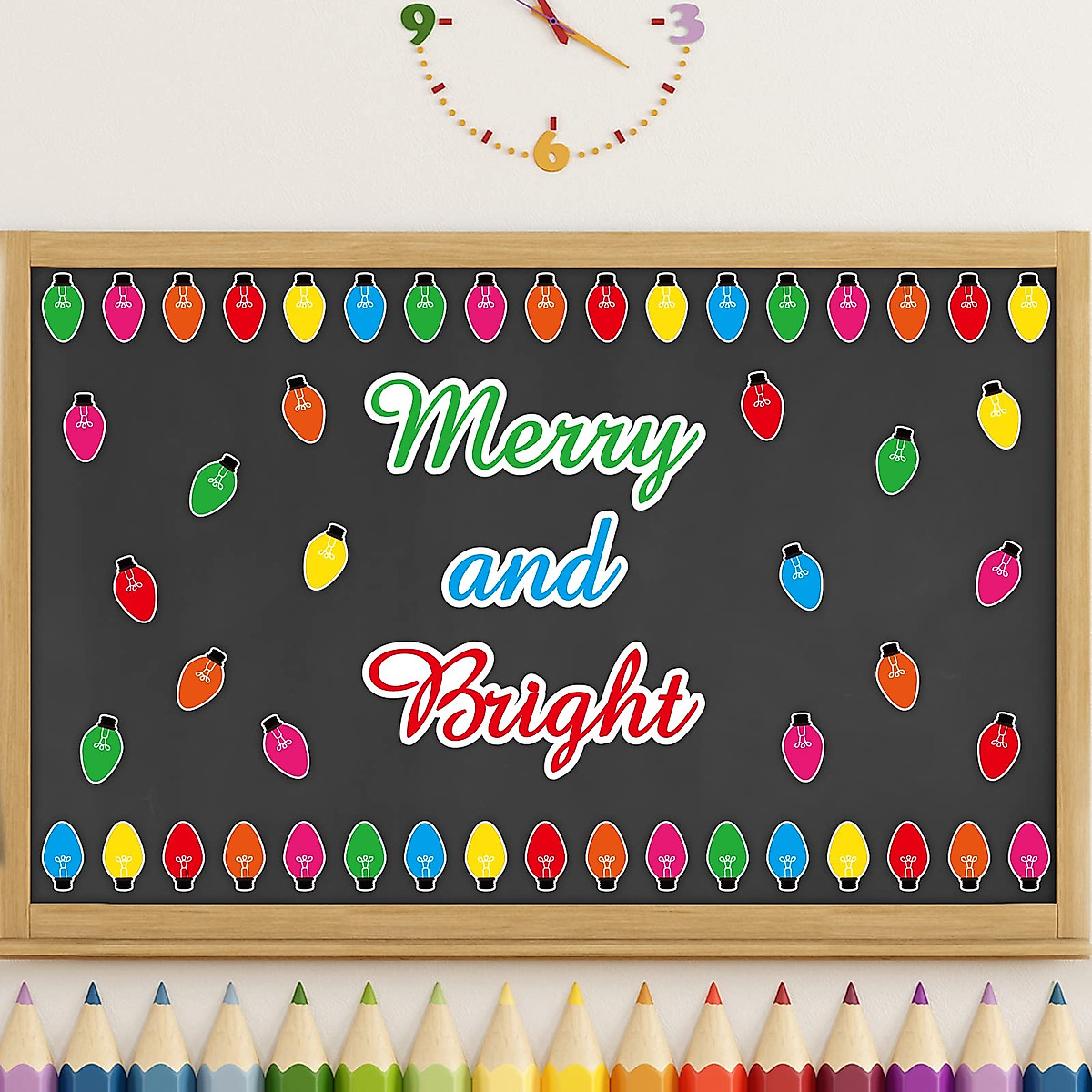Christmas Bulletin Board Decorations, Merry and Bright Light Bulb Paper Cutouts Xmas Holiday Winter Classroom Wall Decorations for Kids Nursery Home Bedroom