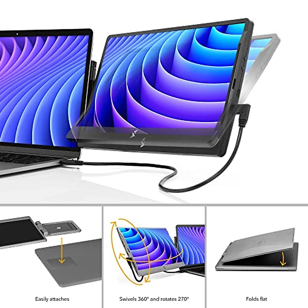 SideTrak Swivel 14” Patented Attachable Portable Monitor for Laptop | FHD TFT USB Laptop Dual Screen | Mac, PC & Chrome Compatible | Fits All Laptops | Powered by USB-C or Mini HDMI (Dark Gray)