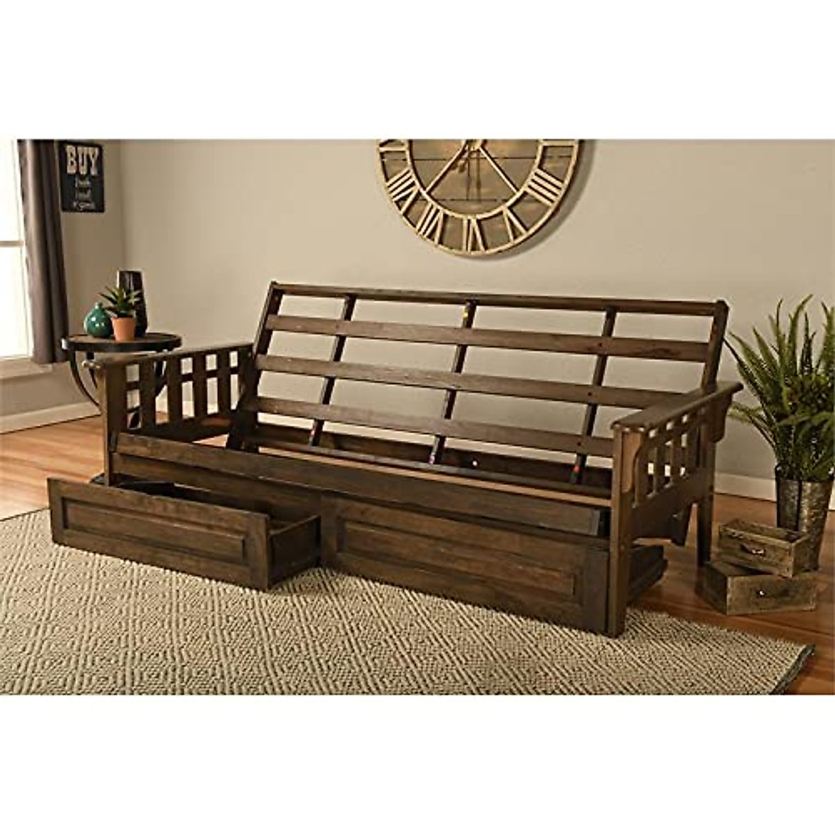 Pemberly Row Wood Futon Frame with Storage in Rustic Walnut Brown