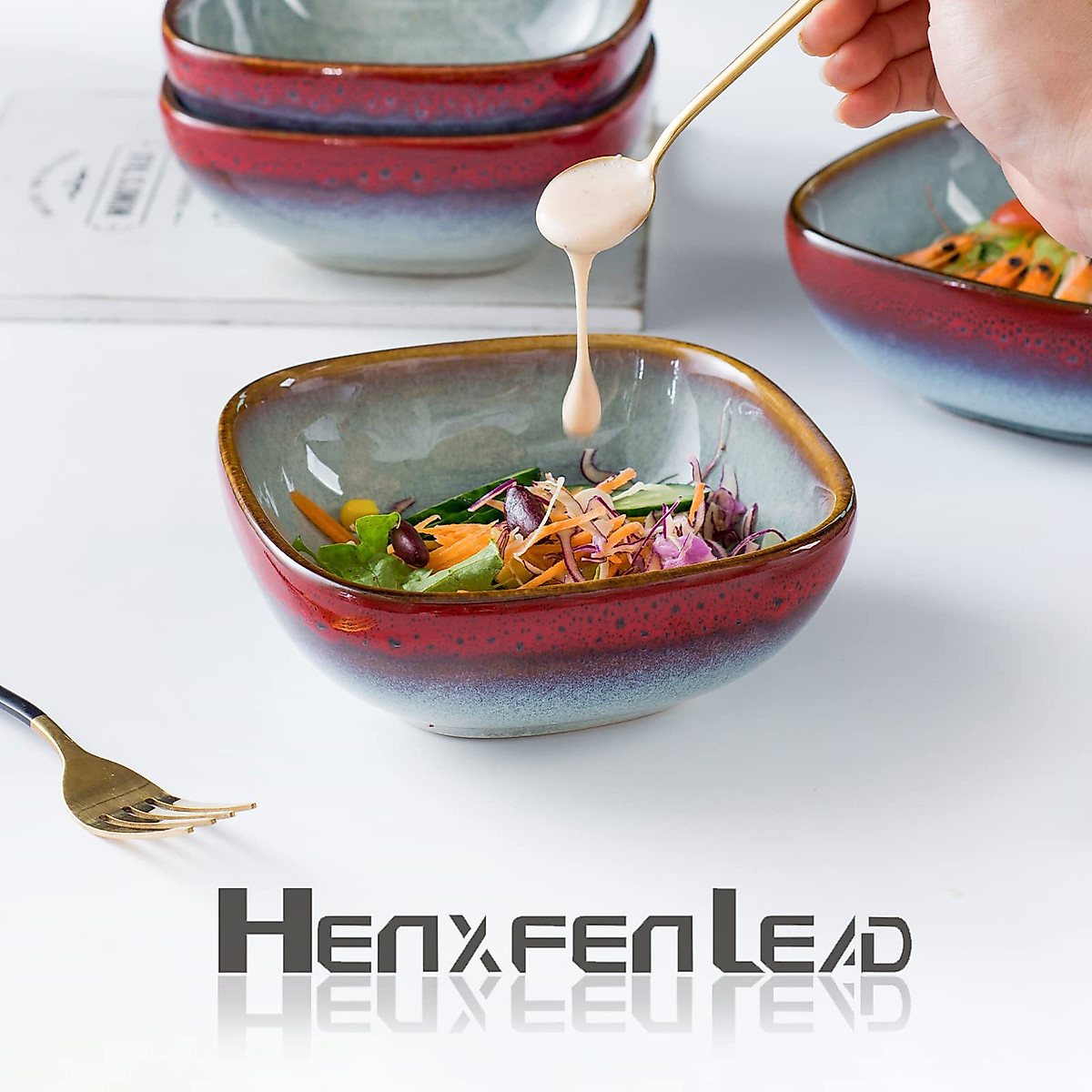 HENXFEN LEAD Ceramic Cereal Bowls, Square Serving Bowls 22 Oz for Side Dish, Appetizers, Salad - Oatmeal, Soup, Fruit Bowls Microwave Oven Safe, Set of 4 - Reactive Red