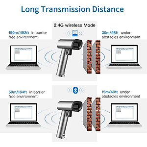 2D Bluetooth Barcode Scanner & 2.4Ghz Wireless and USB Wired QR Barcode Reader for iOS Windows Mac Android Barcode Scanner with Stand Base