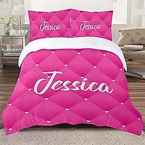 XIUCOO Personalized Pink Heart Print Duvet Cover Sets with Name Bedding Set 3 Pcs Quilt Cover with Zipper for Adult Birthday Gift,Queen Size
