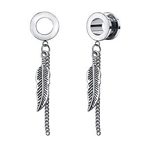 ZS Vintage Moon Dangle Ear Tunnels Plug Stainless Steel Screw Ear Gauge Feather Chain Ear Expander Flesh Tunnels Piercing (Feather,2g(6mm))