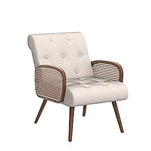 POINTANT Rattan Accent Chair Modern Chair with Rattan Arms Reading Side Mid Century Chair Living Room Chair Boho Chair with Wooden Frame for Home Bedroom Beige