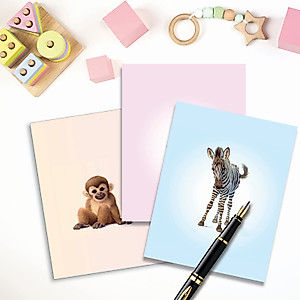 The Best Card Company 20 Assorted Baby Notecards Box Set 4 x 5.12 Inch with Envelopes (10 Designs, 2 Each) Zoo Babies AM6726BBG-B2x10