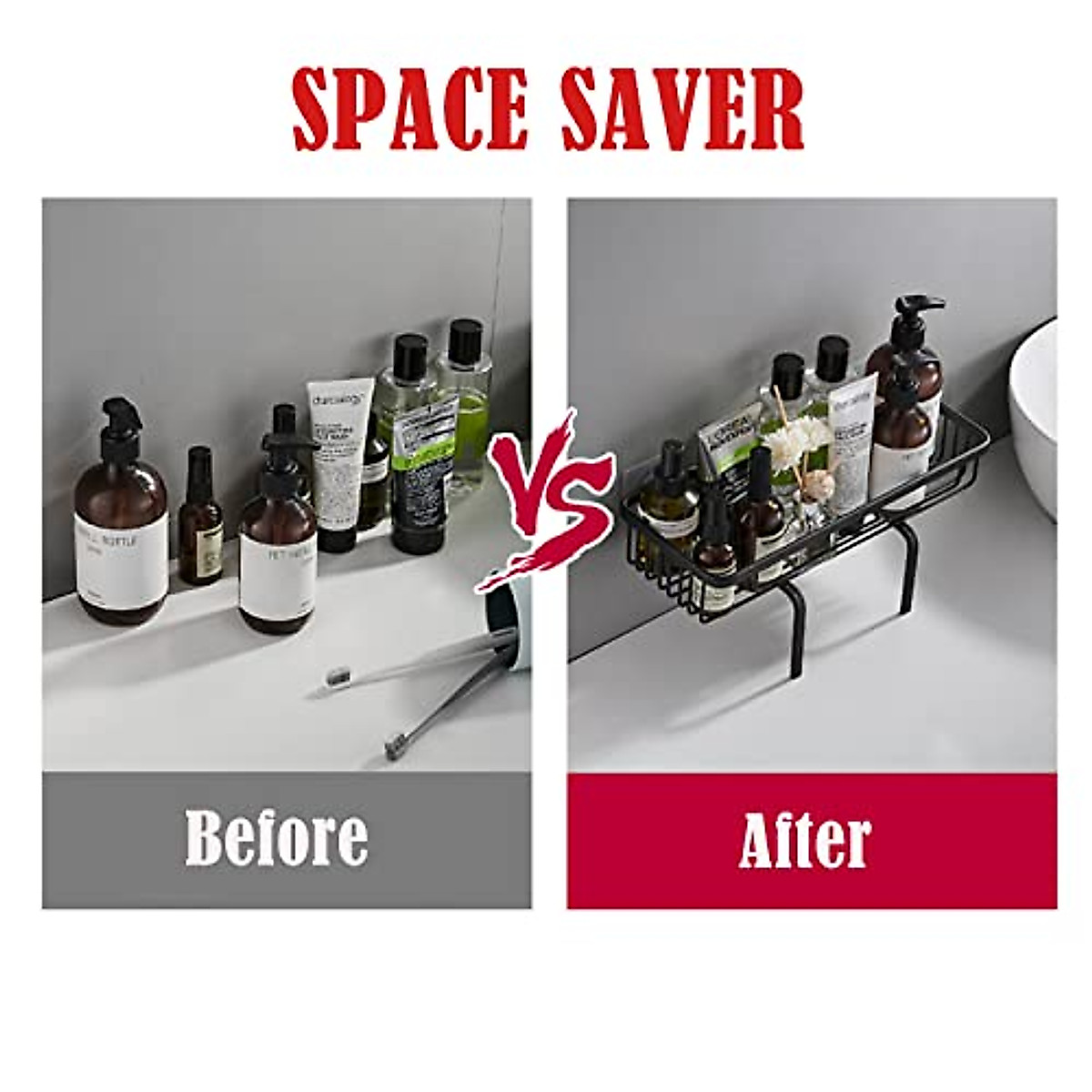 24HOCL Bathroom Organizer Over The Toilet Storage Shelf, Storage Organizer Shelves for Organizing Paper Towels shampoos, No Drilling Space Saver with Wall Mounting Design Adhesive Base, Black