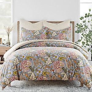 Levtex Home - Angelica Duvet Cover Set - Full/Queen Duvet Cover + Two Standard Pillow Cases - Floral - Blue Grey Taupe Green Maroon - Duvet Cover (90 x 94in.) and Pillow Case (26 x 20in.) - Cotton