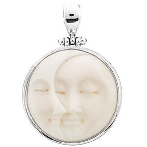 FifiRose Hand Carving Crescent Moon Sun Duo Bison Bone 925 Sterling Silver Pendant, 1 9/16"