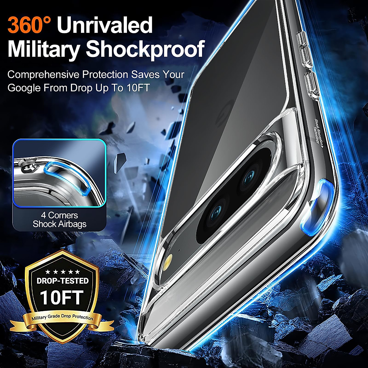 Oterkin Google Pixel 8 Clear Case, 20X Anti-Yellowing, Built-in 4 Airbags, 10FT Military Protection, Tempered Glass Screen Protector, Slim Fit