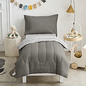 UOZZI BEDDING 4 Pieces Toddler Bedding Set Ultra Soft and Breathable Toddler Sheet Set - Includes Comforter, Flat Sheet, Fitted Sheet and Pillowcase - Dark Gray & Gray