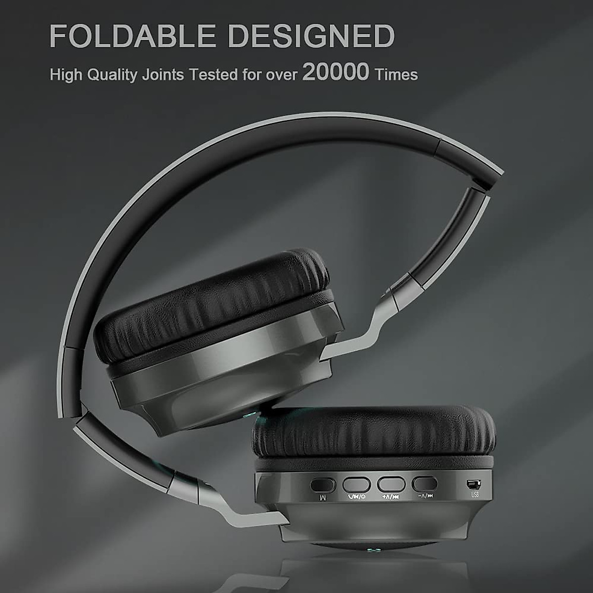 REETEC Bluetooth Headphones Over Ear - [Colorful LED Lights, 20H Playtime] Foldable Hi-Fi Stereo Wireless Headphones with Built-in Mic for iPhone, iPad, Smartphones, Laptop, PC, SD/TF, Grey