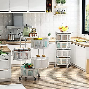 Rotating Kitchen Storage Rack 4 Tier Round Metal Baskets on Wheels Floor-Standing Fruit and Vegetable Storage Basket Household Storage Rack for Bathroom Kitchen Living Room, White