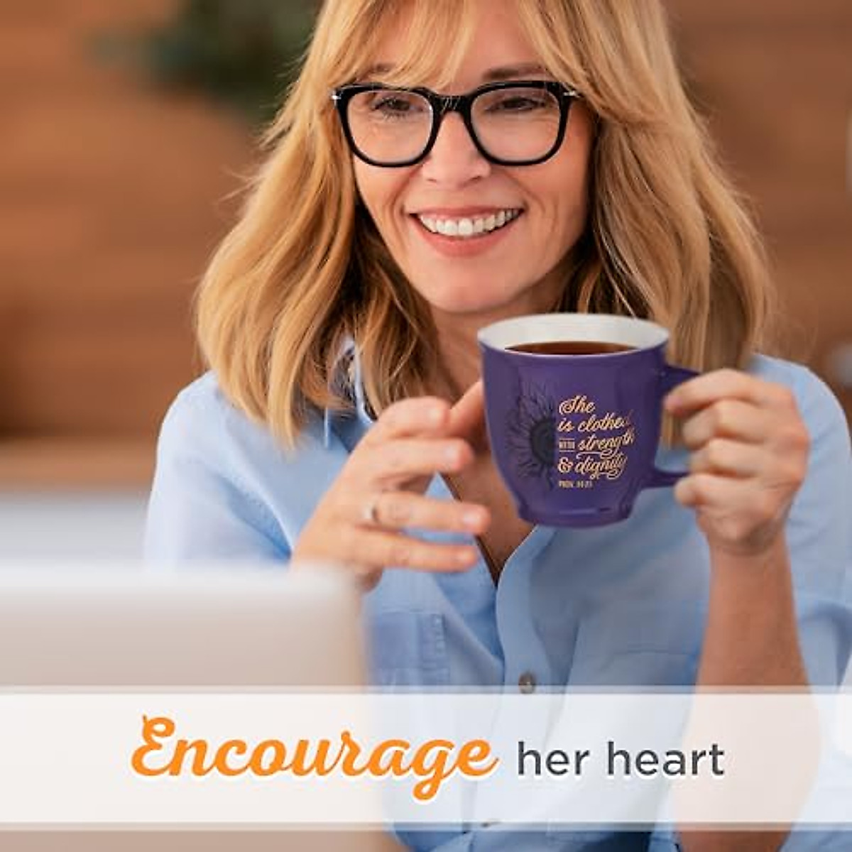 Christian Art Gifts Ceramic Coffee and Tea Mug 14 oz Inspirational Bible Verse Cup for Women: Strength and Dignity - Proverbs 31:25 Lead-Free, Microwave and Dishwasher Safe, Purple Sunflower
