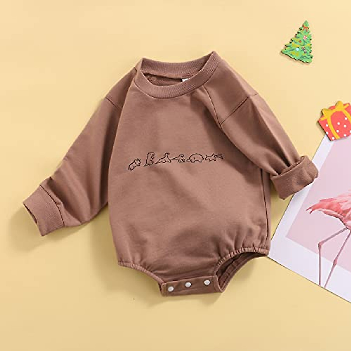 Lamuusaa Newborn Baby Girls Boys Clothes Crewneck Sweatshirt Long Sleeve Romper Bodysuit Pullover Oversized Autumn Tops (Dinosaur-Brown, 0-6 Months)