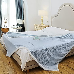 Cozy Fluffy Stripe Plaid Fleece Fuzzy Sherpa Throw 60 * 80 Inch, Super Soft Warm Plush Snuggle Sofa Couches Bed Blanket, Light Blue