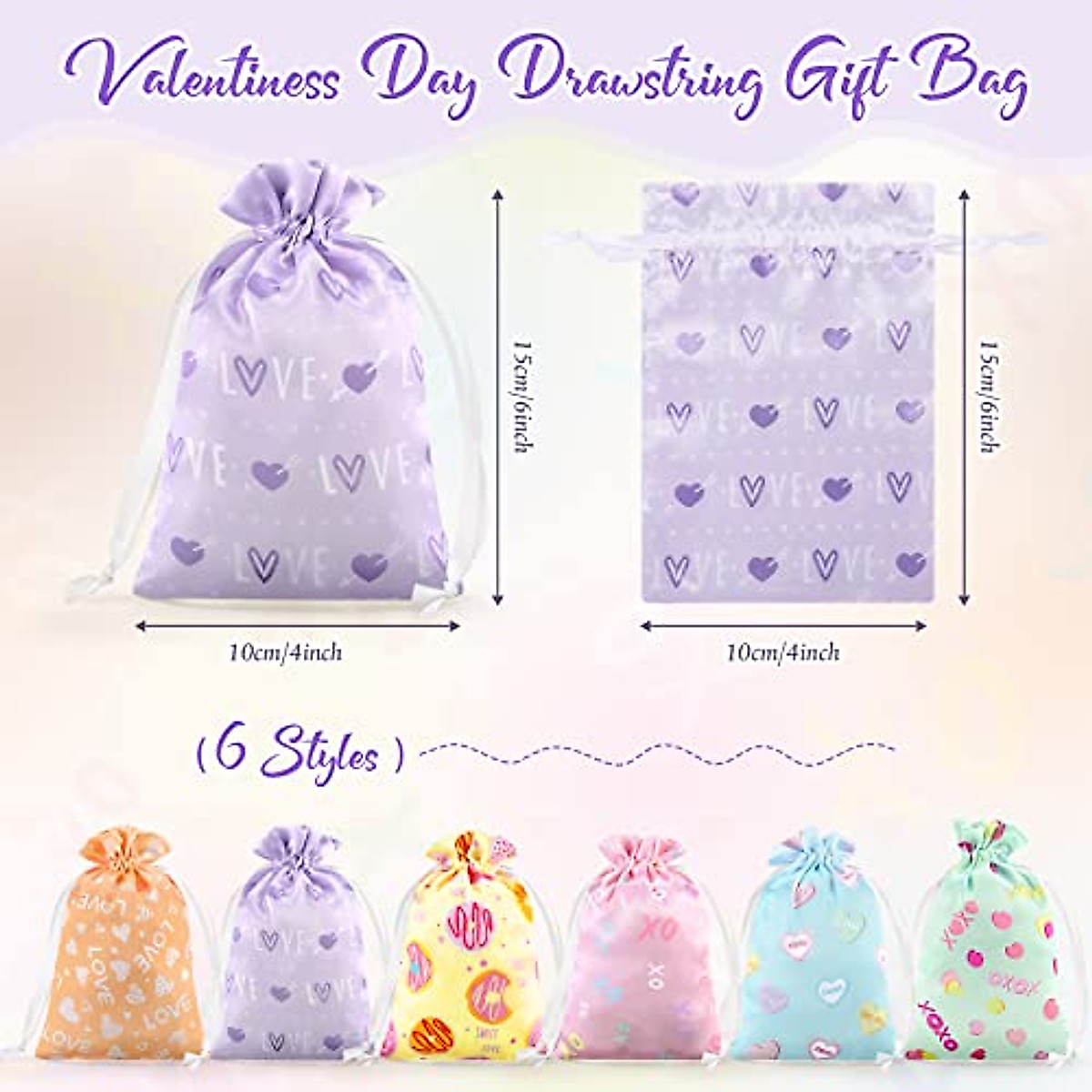 48 Pcs Heart Satin Gift Bags with Drawstring 5 x 7 Inch Candy Heart Gift Wrapping Bags Sweet Reusable Bags Assorted Gift Bags for Easter Birthday Kids Party Favors Anniversary, 6 Designs