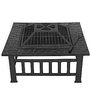 32 Inch Outdoor Fire Pit Square Metal Firepit Table Wood Burning Fireplace with Waterproof Cover Mesh Lid Backyard Patio Garden Bonfire BBQ Grill, Black