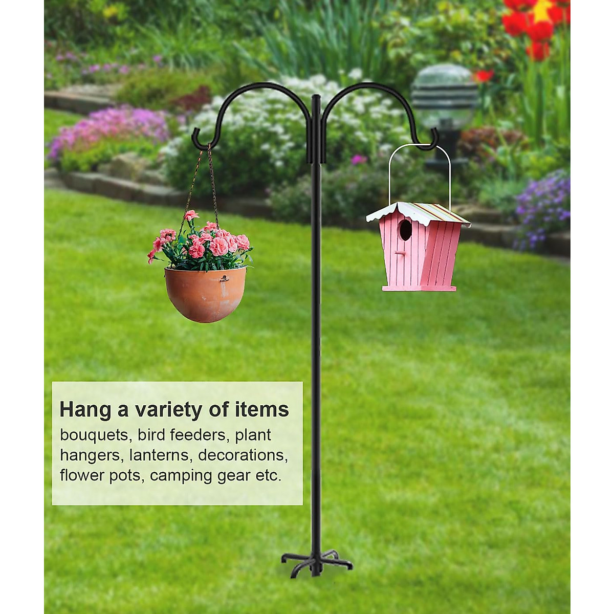 Artibear Double Shepherd Hooks for Outdoor, 76" Heavy Duty Bird Feeder Hangers Garden Hooks with 5-Prong Base, Outside Hanging Pole for Plant Baskets, Solar Light Lanterns, Wind Chimes, 1 Pack