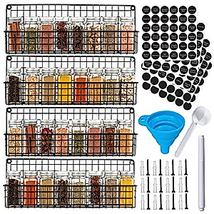 Hanging Spice Racks with Jars, 4-Tier Wall Mounted Metal Spice Racks with 32 Pcs 4oz Glass Spice Jars, Easy To Install Space Saving Organizer Shelf with Seasoning Bottles For Your Kitchen and Pantry