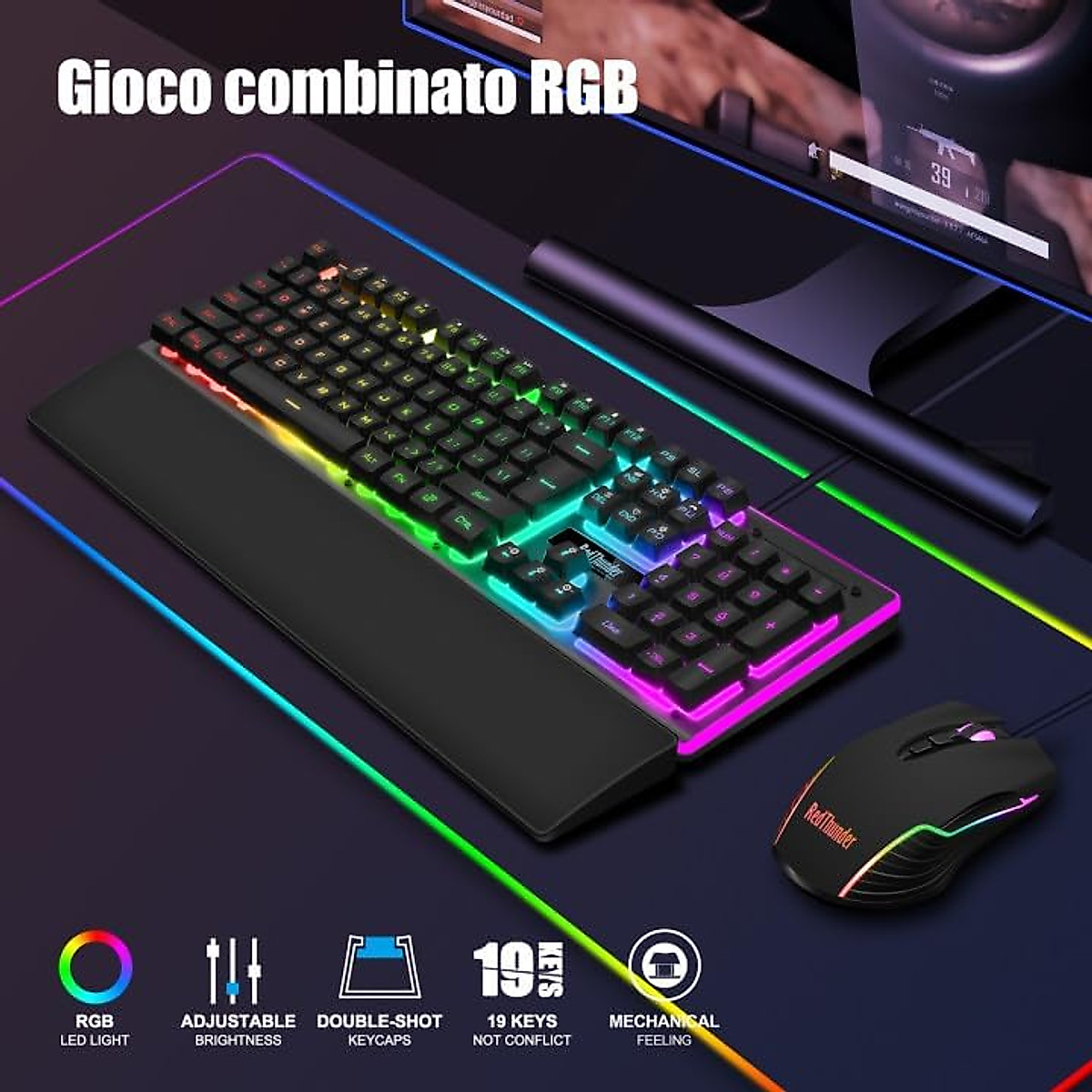 RedThunder K10 Wired Gaming Keyboard and Mouse and Wrist Rest Combo, RGB Backlit, Mechanical Feel Anti-ghosting Keyboard + 7D 7200 DPI Mice+Soft Leather Wrist Rest 3 in 1 PC Gamer Accessories(Black)