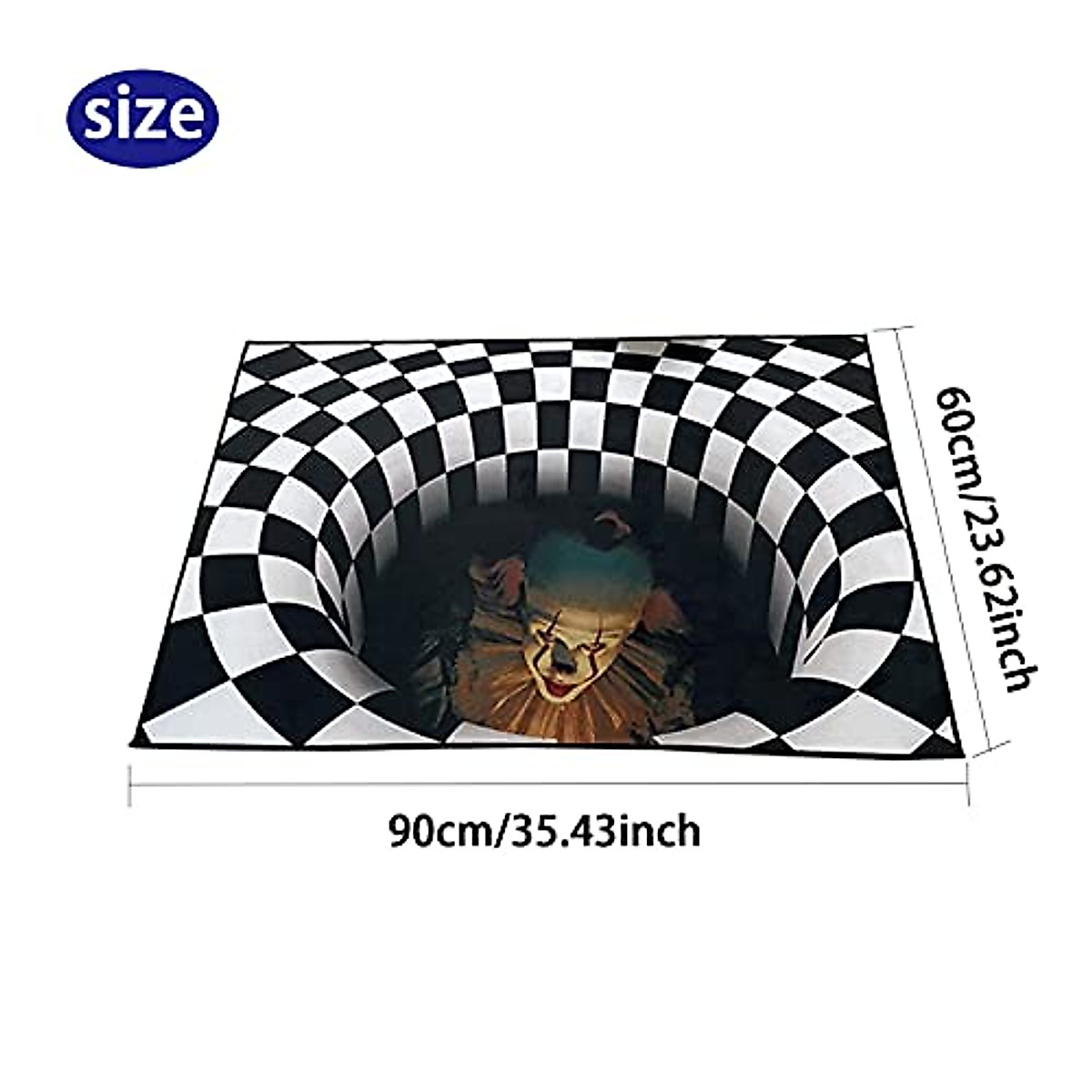 CHENJIEUS Halloween Area Rug,Black White Plaid Round Rugs 3D Visual Optical Floor Mat,Funny Clown Optical Illusion Rug for Living Dinning Room Bedroom Kitchen, 60 x 90 cm (MEI-DITANG-GUO-01)