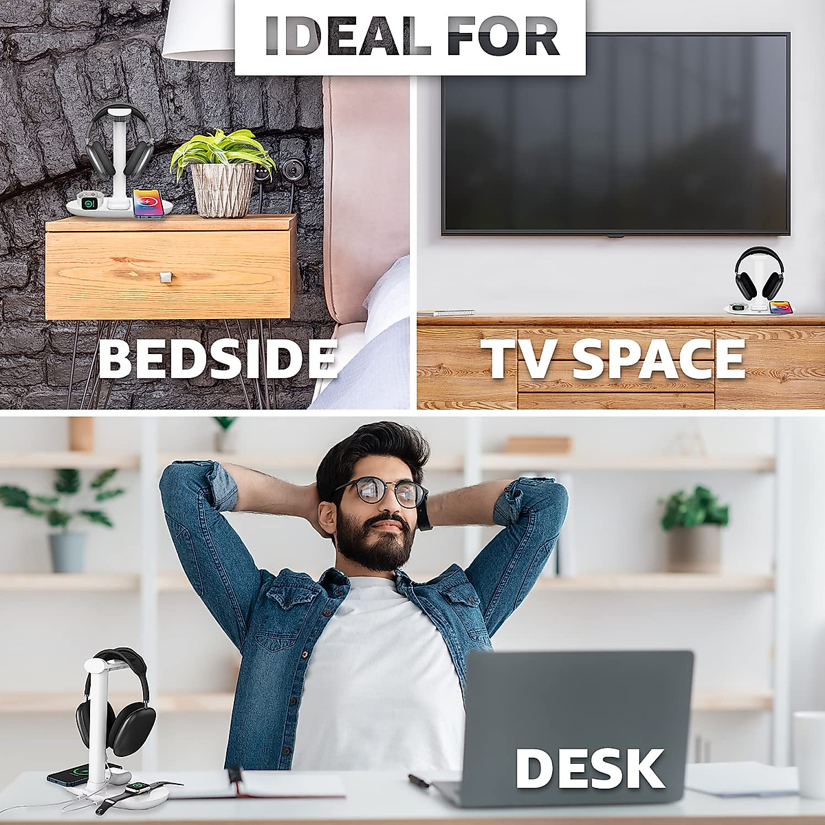 Headphone Stand with 4 in 1 Wireless Charger -Headset Holder & Station Dock for Apple Watch, AirPods Max/Pro/2/ iPhone 13/12/11, LG, Samsung Galaxy, Huawei Phone, and All Headphones Size (White)