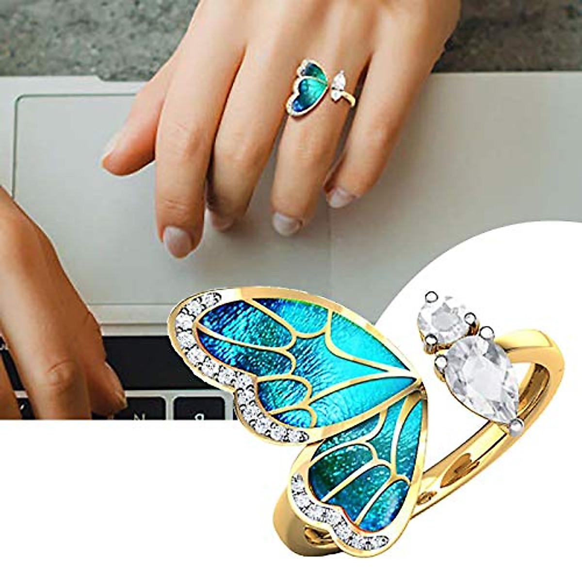 Simulated Diamond Butterfly Ring for Women Inlaid Zircon Statement Ring Elegant Adjustable Opening Ring (Gold, One Size)