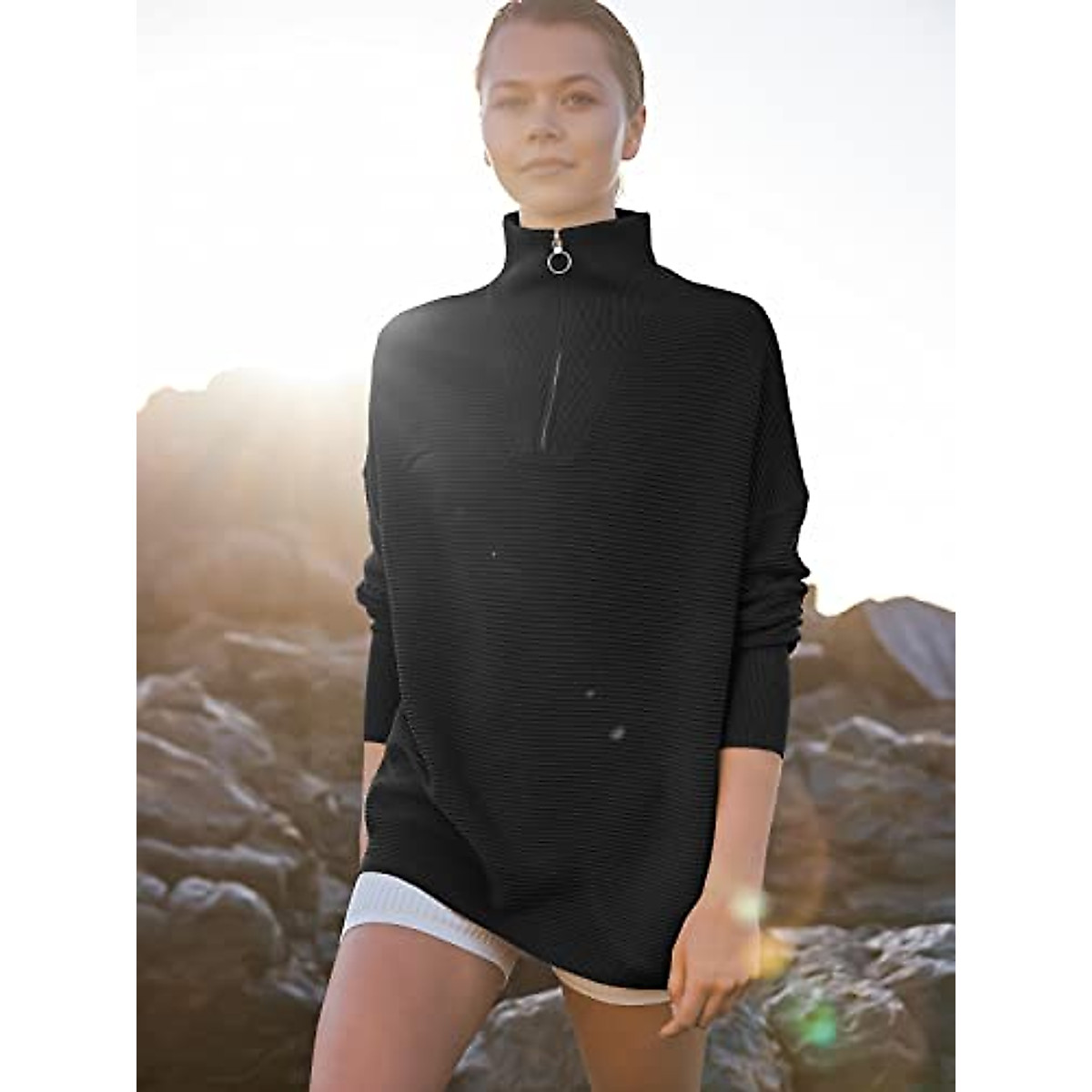 ANRABESS Women's Sweater Oversized Quarter Zipper Casual Long Sleeve Collar High Neck Ribbed Knit Loose Fit Half Zip Tunic Pullover 2023 Fashion Fall Outfits Tops 802heise-XL Black