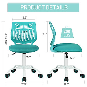 FurnitureR Desk Chair Armless Home Office Task Chair with Mesh Padded Cushion Swivel Study Chair with Rolling Wheels for Kids Teens Children, Turquoise
