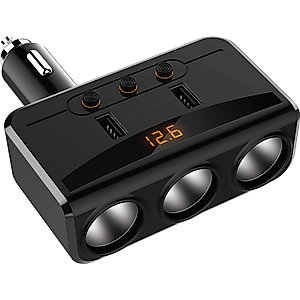 LIHAN 3 Socket Cigarette Lighter Adapter, Car Charger Plug Splitter with Dual USB Ports, 12V/24V Meter Monitor, Compatible with iPhone, LG, HTC, Samsung etc