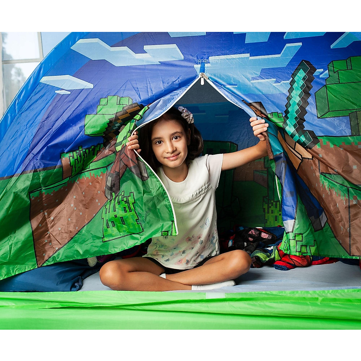 Minecraft Indoor Bed Tent Fort | Pop-Up Canopy Tents & Shelters, Fort Playhouse for Kids, Indoor Activities, Reading Nook Playroom
