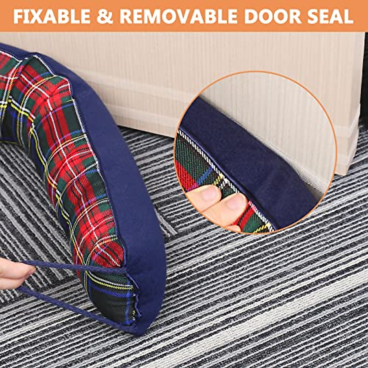 Under Door Draft Stopper 38 Inches Noise Blocker for Door Bottom Air Seal Insulation and Soundproof, Heavy Duty Weather Guard Snake Stripping,Tartan Check Navy Blue