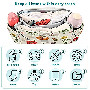Dragonfly Flowers Stroller Organizer with Cup Holder Universal Stroller Organizer Bag Detachable Shoulder Strap Stroller Accessories for Diaper Snacks Toys Keys Fit All Baby Stroller
