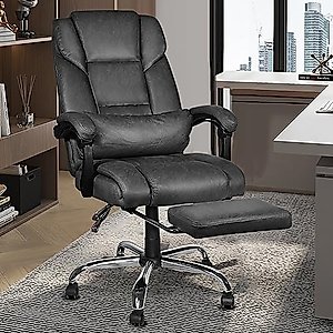 Mimager High Back Executive Office Chair, Reclining Office Chair with Footrest, PU Leather Home Office Desk Chair Adjustable Height, Computer Desk Chair with Lumbar Cushion, Padded Armrests, Black