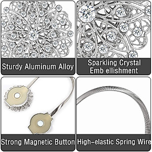 MoKo Crystal Flower Magnetic Curtain Tiebacks, 2 Pack Window Curtain Decorative No Drilling Drapery Holdbacks Flower Curtain Buckle with High-Elastic Spring Wire for Home Office Decor - Silver